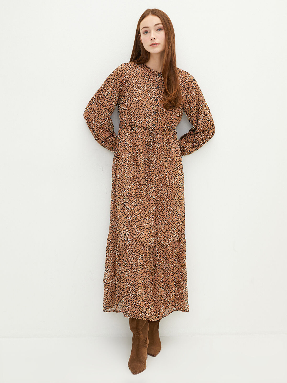 MODEST Bisiklet Yaka Desenli Beli Bağlama Detaylı Şifon Kadın Elbise