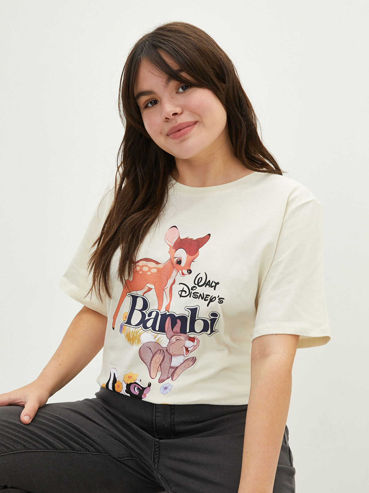 Büyük Beden Bisiklet Yaka Bambi Baskılı Kısa Kollu Pamuklu Kadın Tişört