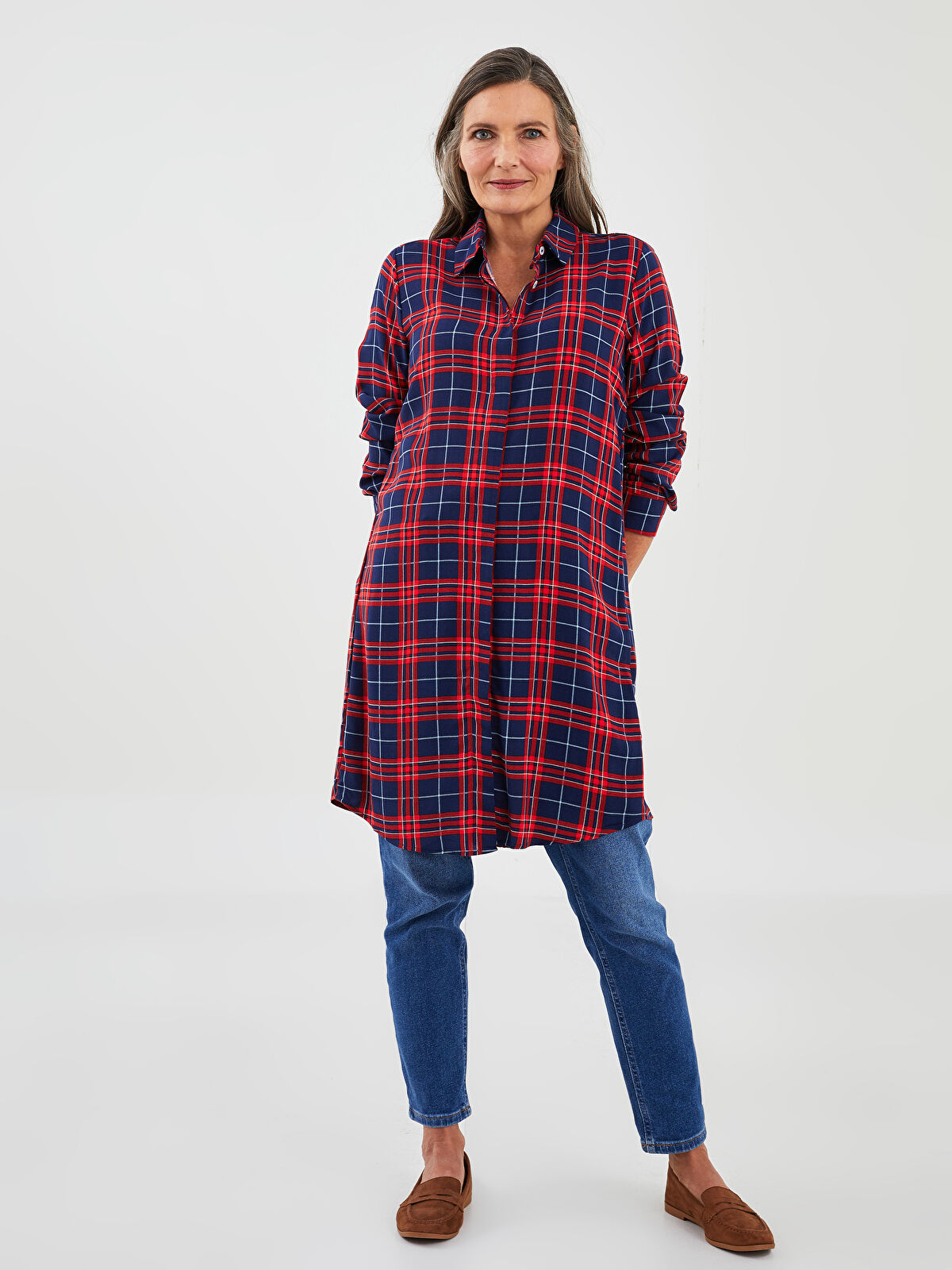 LCW GRACE Gömlek Yaka Ekose Uzun Kollu Viskon Kadın Tunik