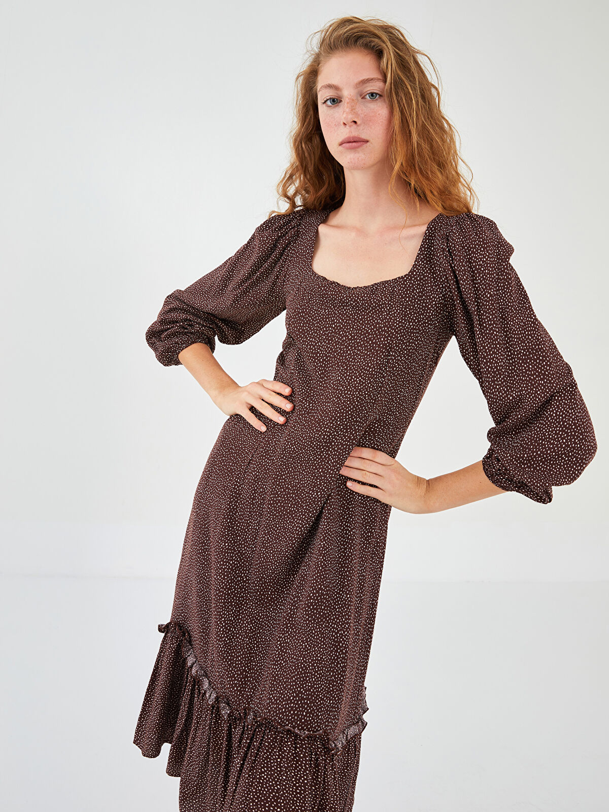 XSIDE Kare Yaka Desenli Uzun Kollu Viskon Kadın Elbise