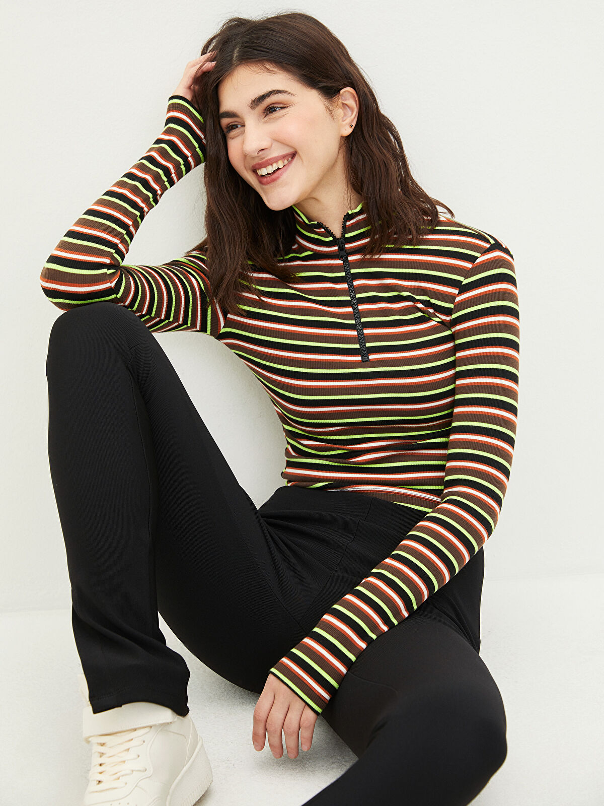 LCW LIMITED Fermuarlı Dik Yaka Çizgili Uzun Kollu Kadın Bluz