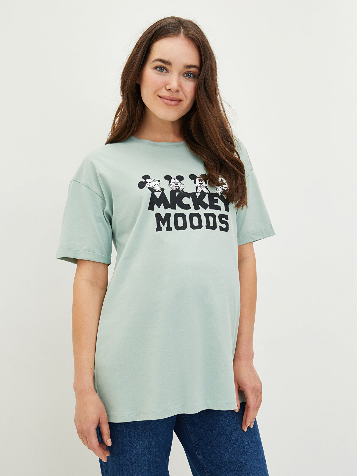 Bisiklet Yaka Mickey Mouse Baskılı Kısa Kollu Pamuklu Hamile Tişört
