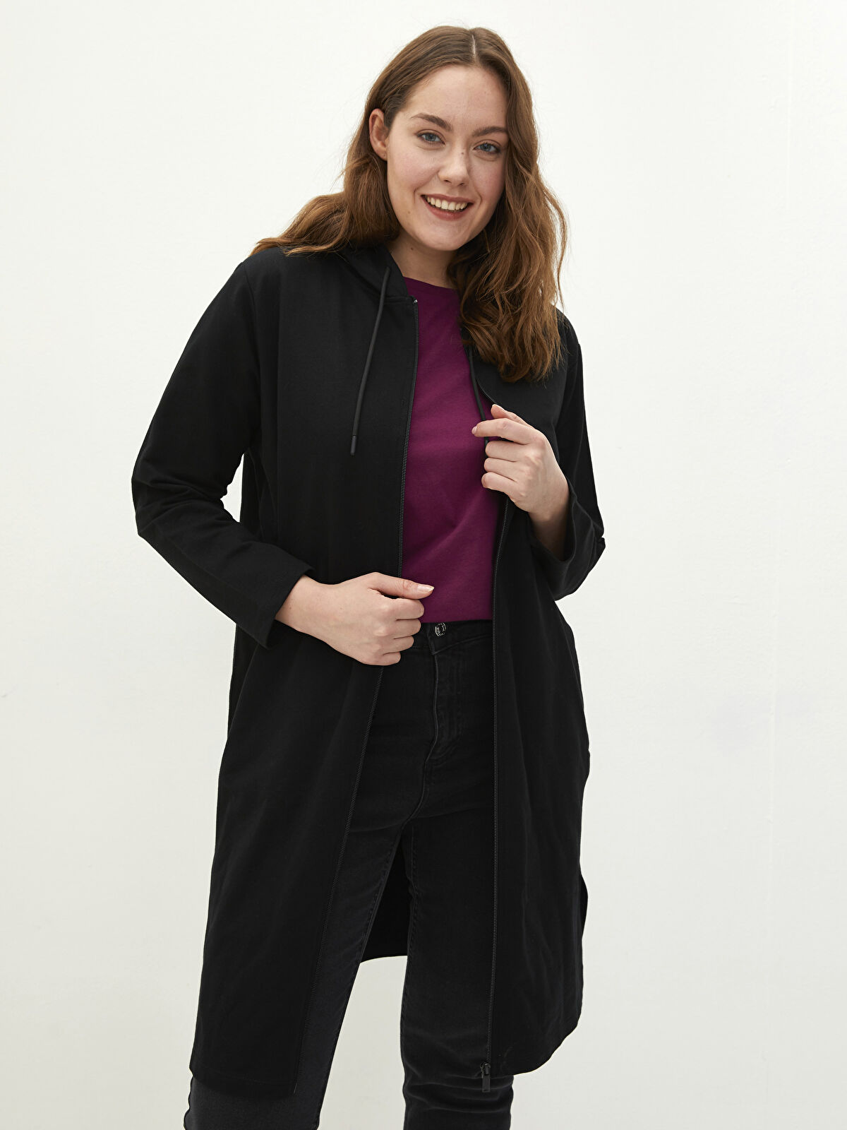 LCW BASIC Kapüşonlu Düz Uzun Kollu Pamuklu Kadın Spor Hırka