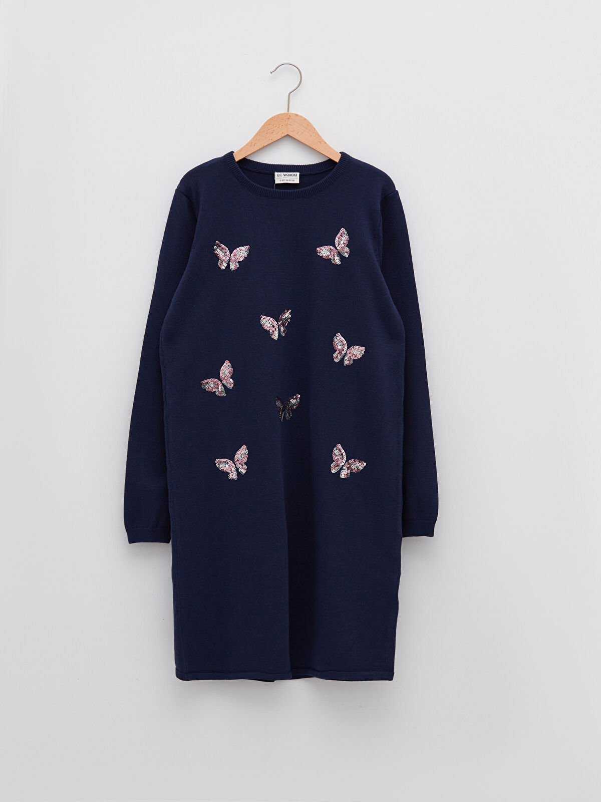 Bisiklet Yaka Pul İşlemeli Uzun Kollu Kız Çocuk Triko Elbise