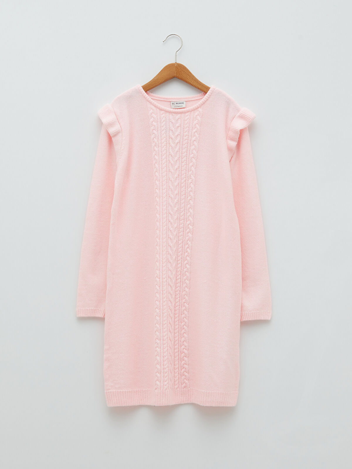 Bisiklet Yaka Saç Örgüsü Desenli Uzun Kollu Kız Çocuk Triko Elbise