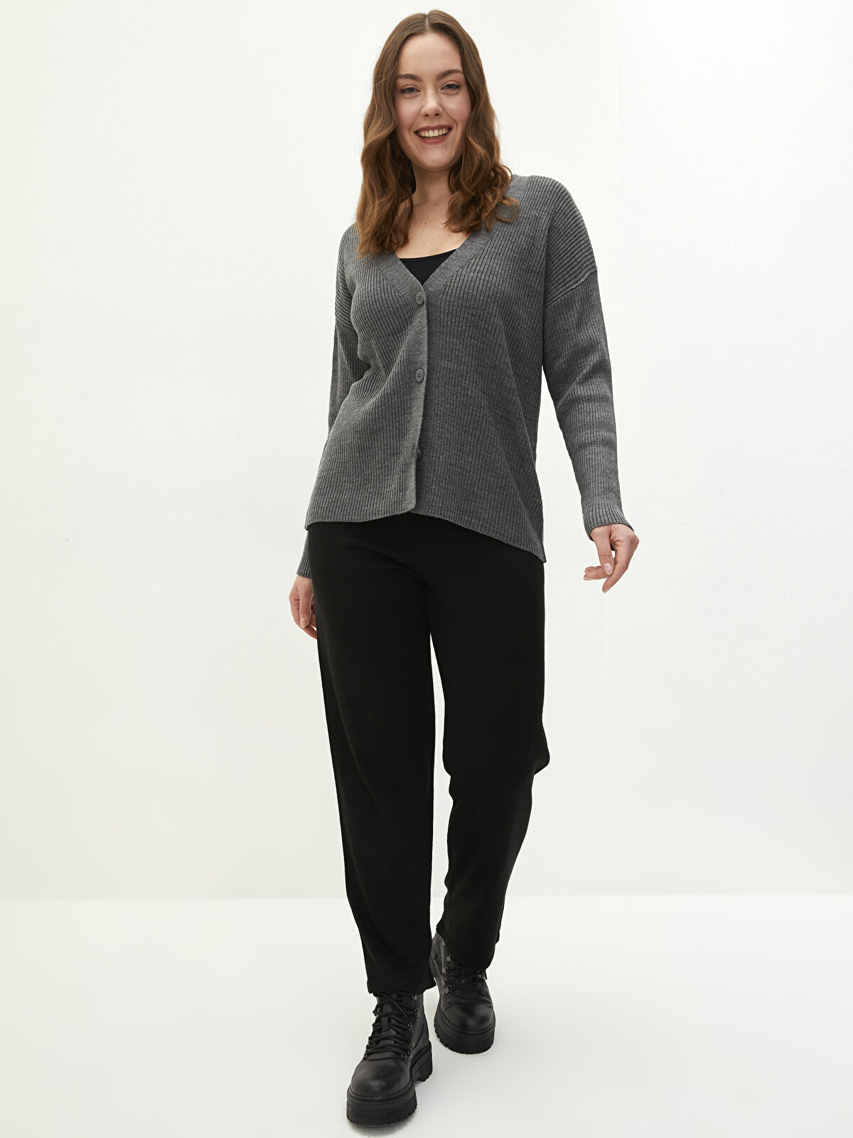 Büyük Beden Beli Lastikli Düz Kadın Triko Pantolon