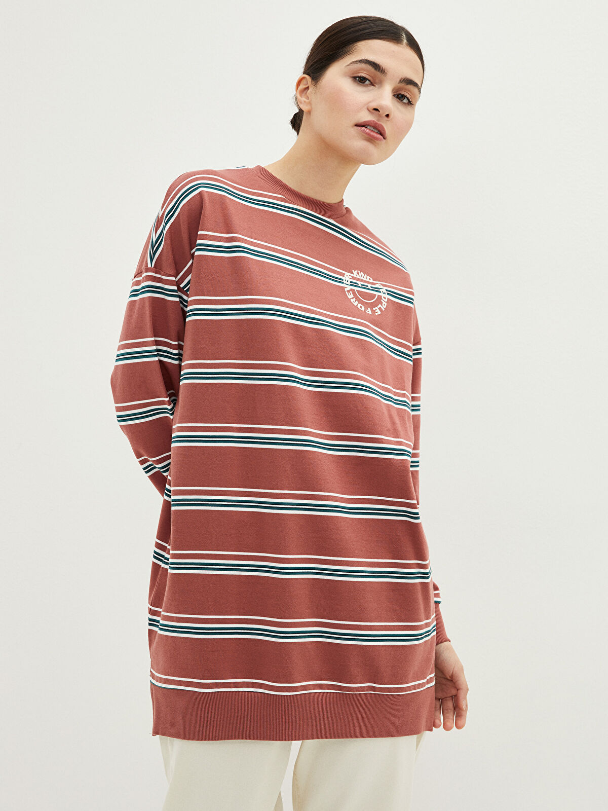 MODEST Bisiklet Yaka Çizgili Uzun Kollu Oversize Pamuklu Kadın Tunik