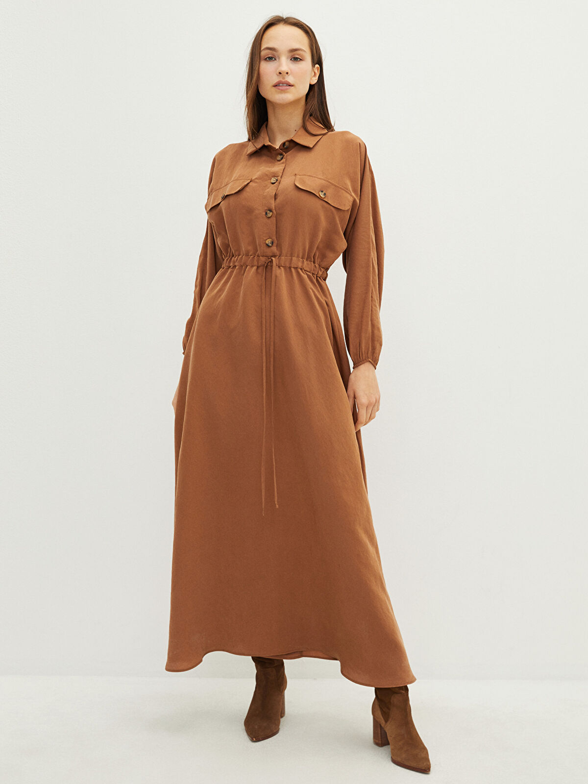 MODEST Gömlek Yaka Beli Bağlama Detaylı Uzun Kollu Kadın Elbise