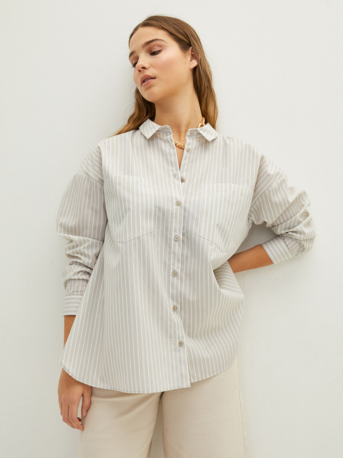 Büyük Beden Önden Düğme Kapamalı Çizgili Uzun Kollu Kadın Gömlek