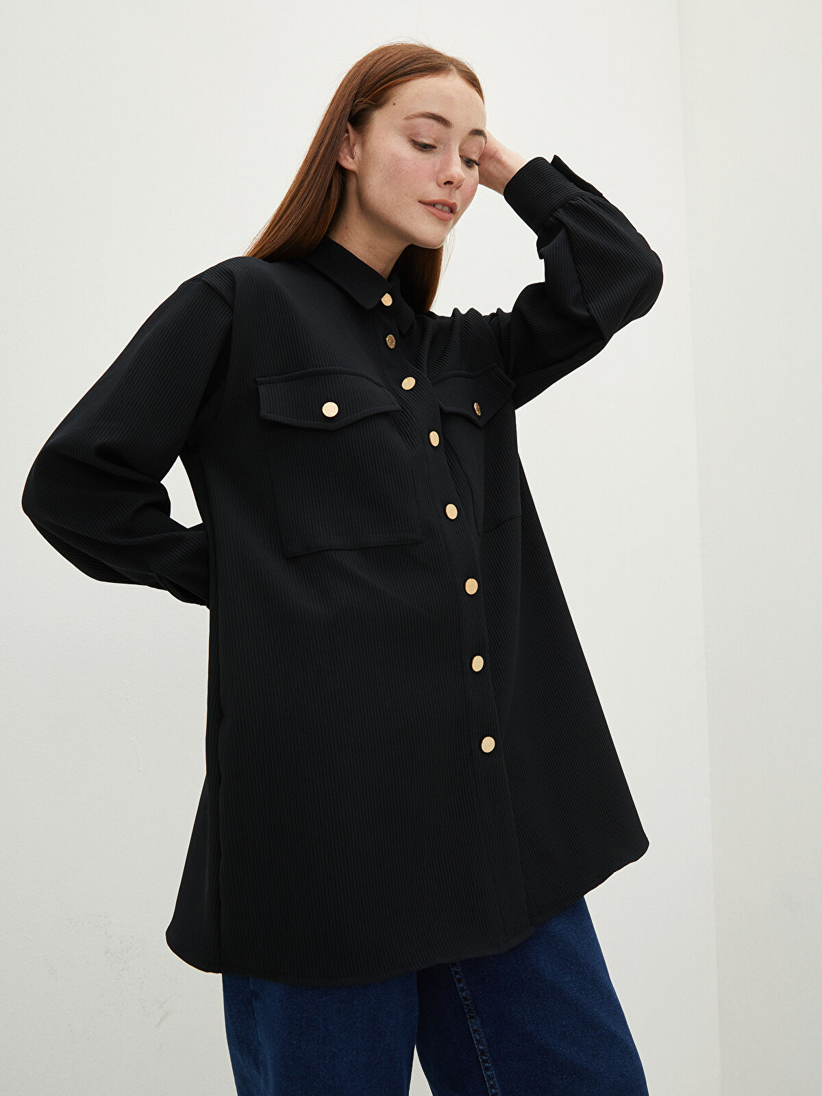 MODEST Gömlek Yaka Düz Uzun Kollu Oversize Dobby Kumaş Kadın Tunik MODEST Gömlek Yaka Düz Uzun Kollu Oversize Dobby Kumaş Kadın Tunik