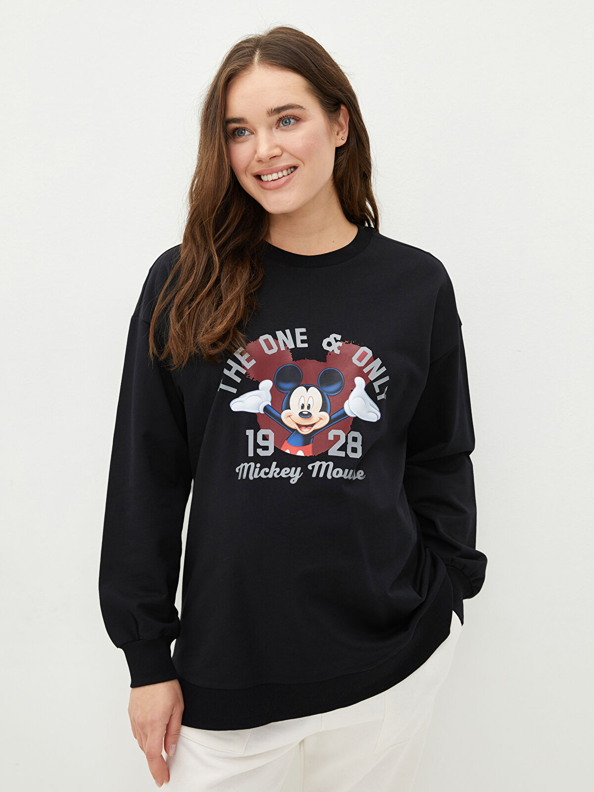 Bisiklet Yaka Mickey Mouse Baskılı Uzun Kollu Hamile Sweatshirt