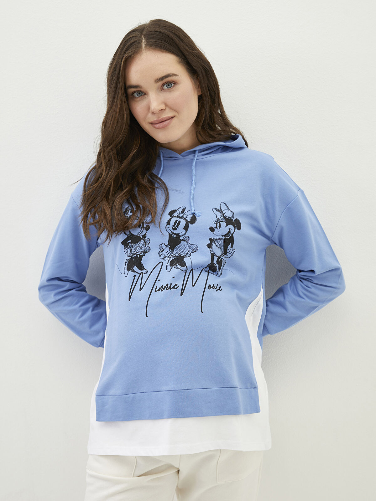 Kapüşonlu Mickey Mouse Baskılı Uzun Kollu Pamuklu Hamile Sweatshirt