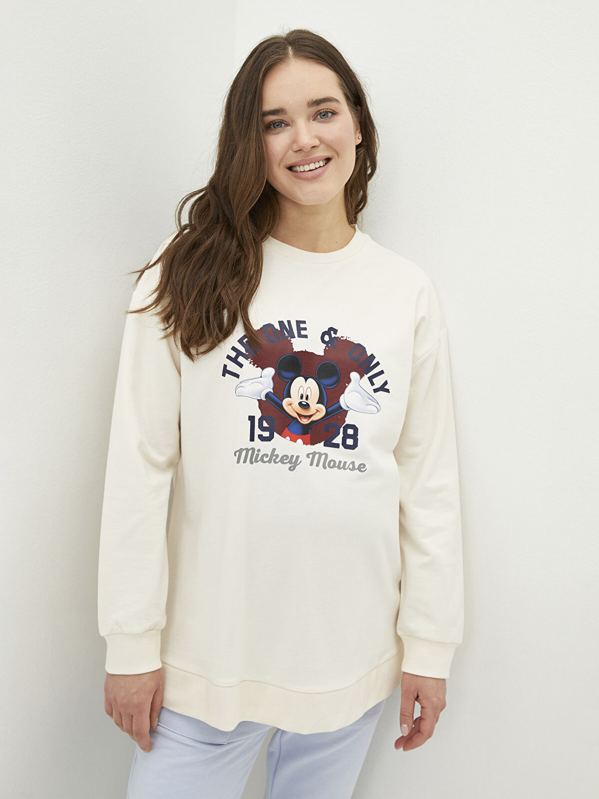 Bisiklet Yaka Mickey Mouse Baskılı Uzun Kollu Hamile Sweatshirt