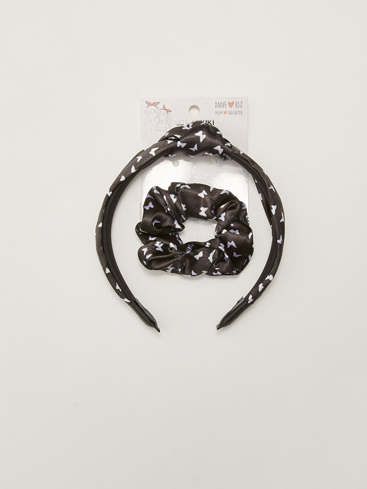 Kelebek Baskılı Saten Kadın Lastikli Saç Tokası ve Taç