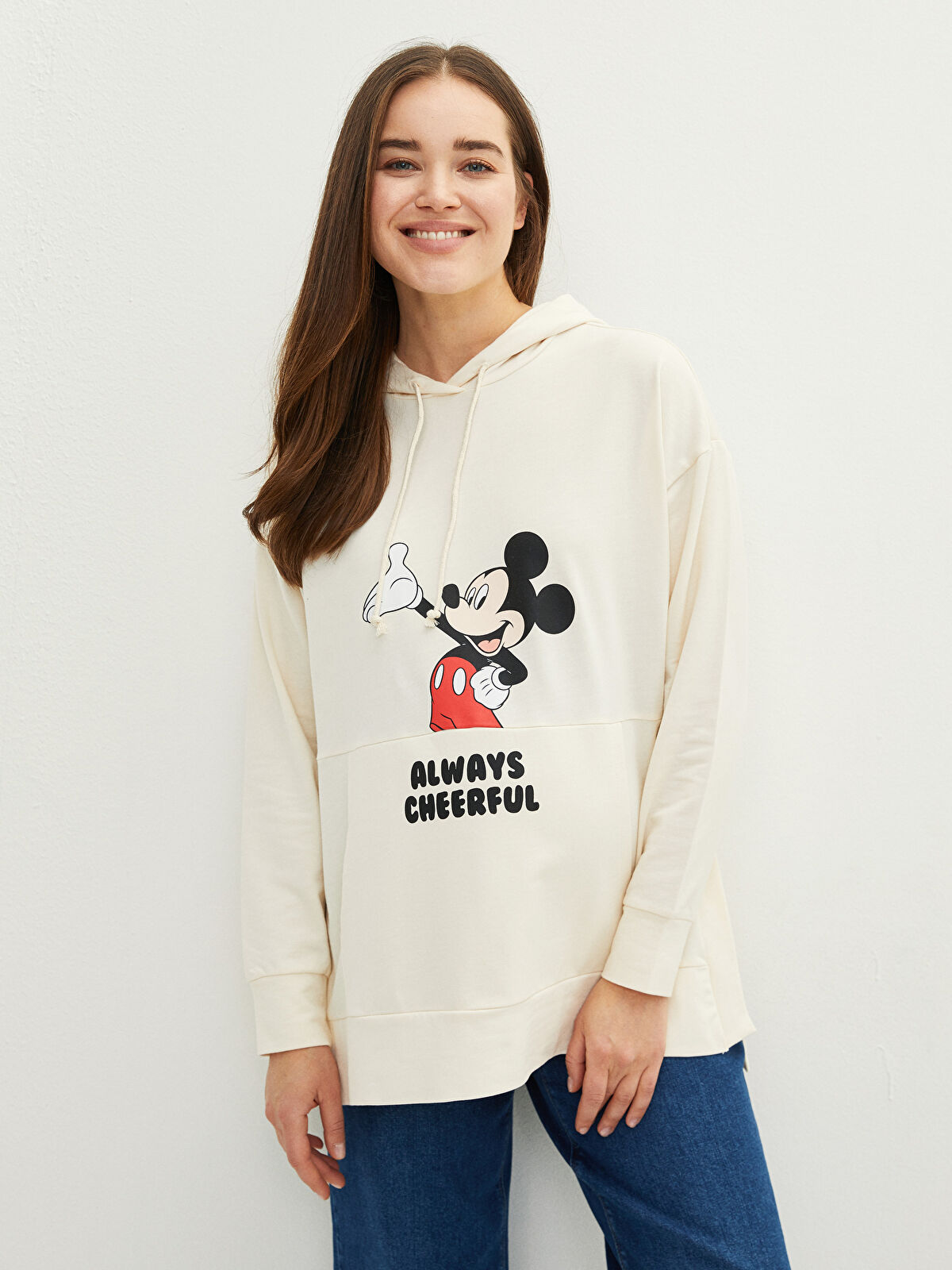 Kapüşonlu Mickey Mouse Baskılı Uzun Kollu Pamuklu Hamile Sweatshirt