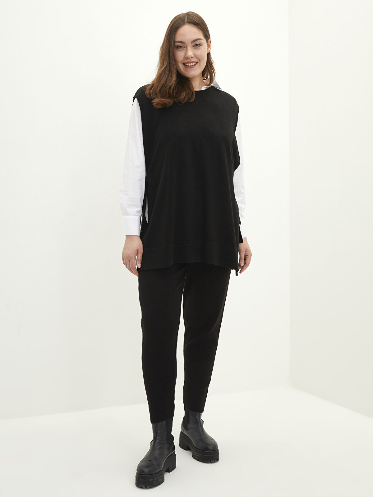 Büyük Beden Beli Lastikli Düz Kadın Triko Pantolon