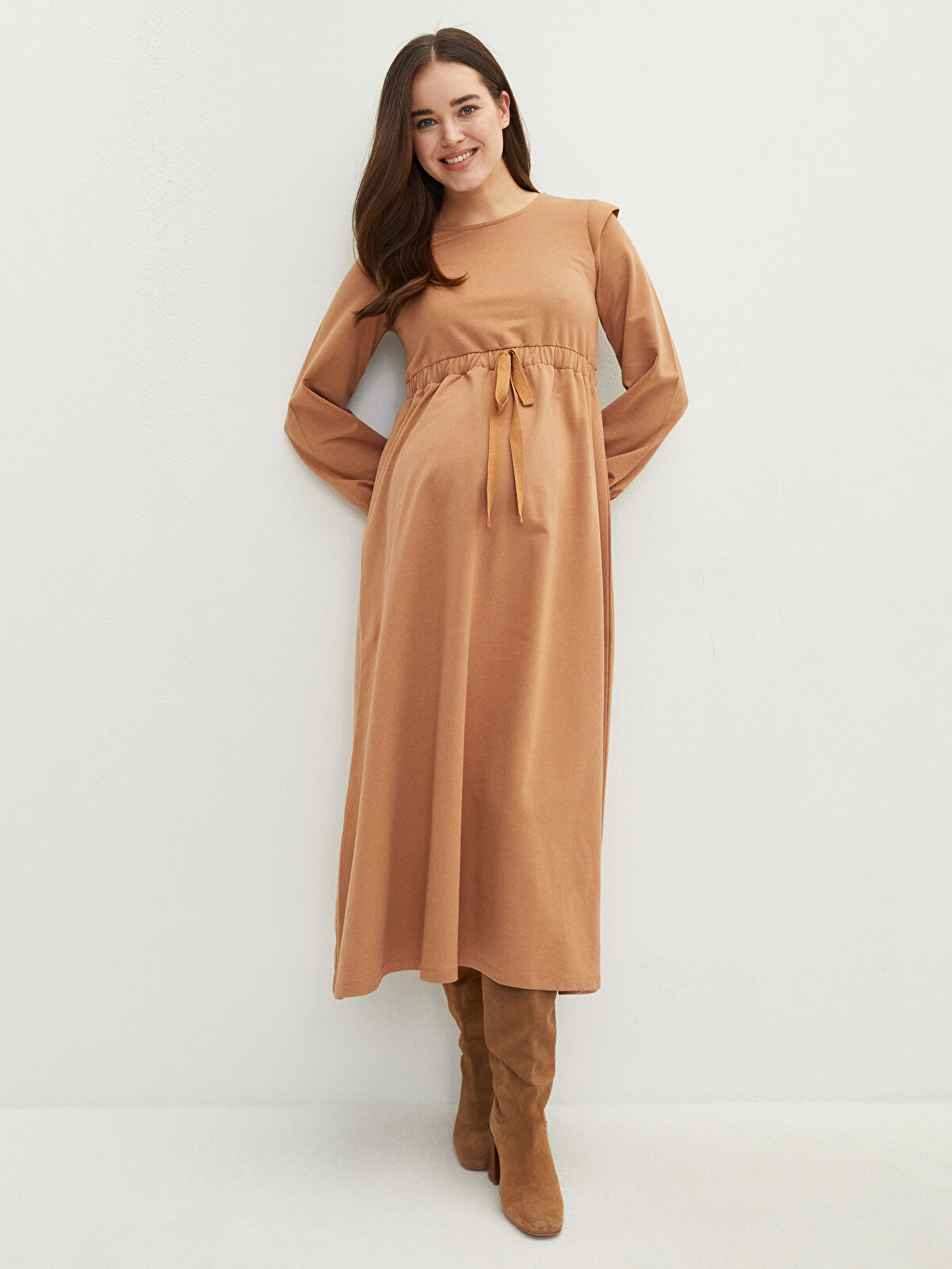 Bisiklet Yaka Düz Beli Bağlama Detaylı Uzun Kollu Hamile Elbise Bisiklet Yaka Düz Beli Bağlama Detaylı Uzun Kollu Hamile Elbise