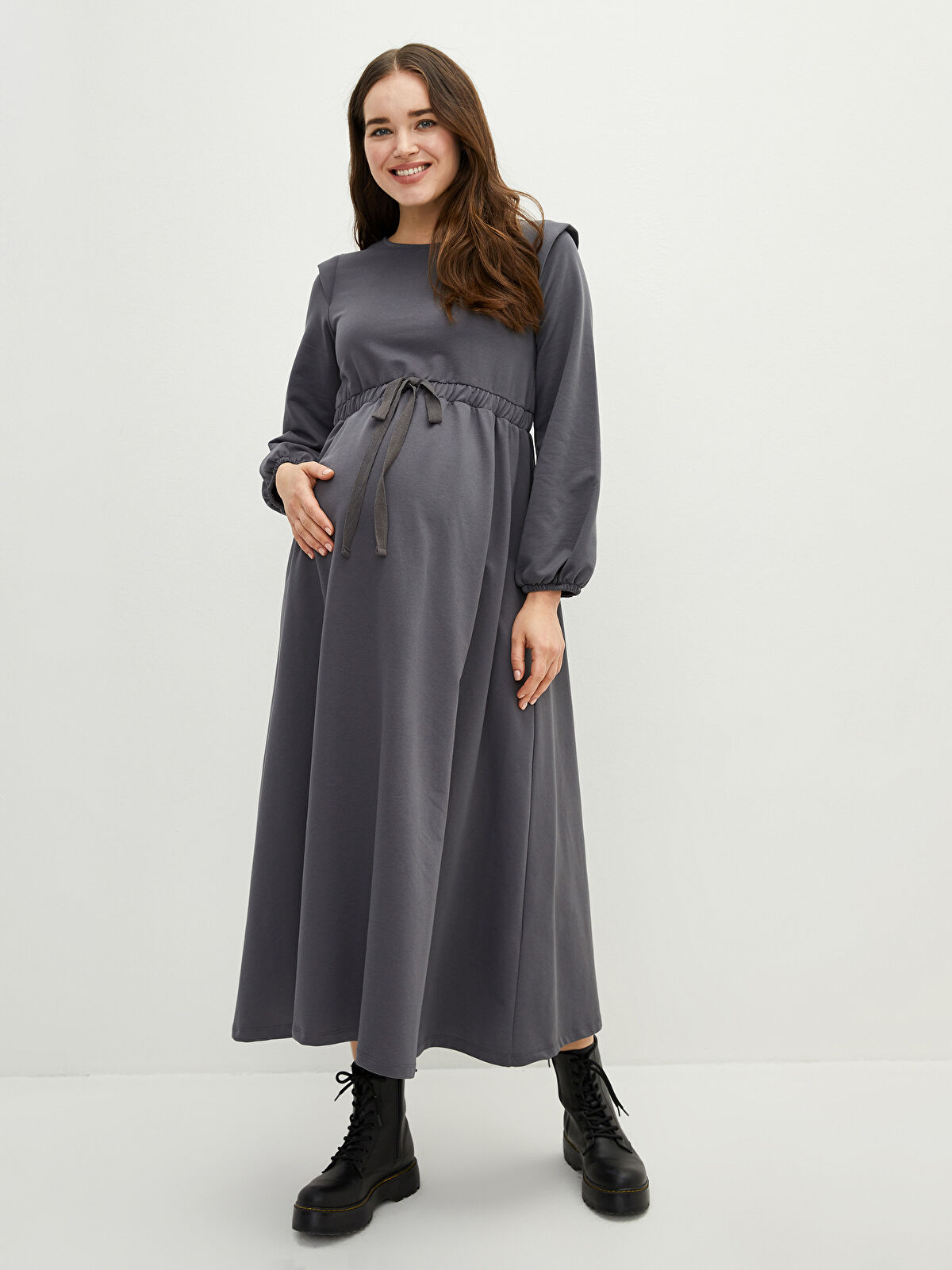 Bisiklet Yaka Düz Beli Bağlama Detaylı Uzun Kollu Hamile Elbise Bisiklet Yaka Düz Beli Bağlama Detaylı Uzun Kollu Hamile Elbise