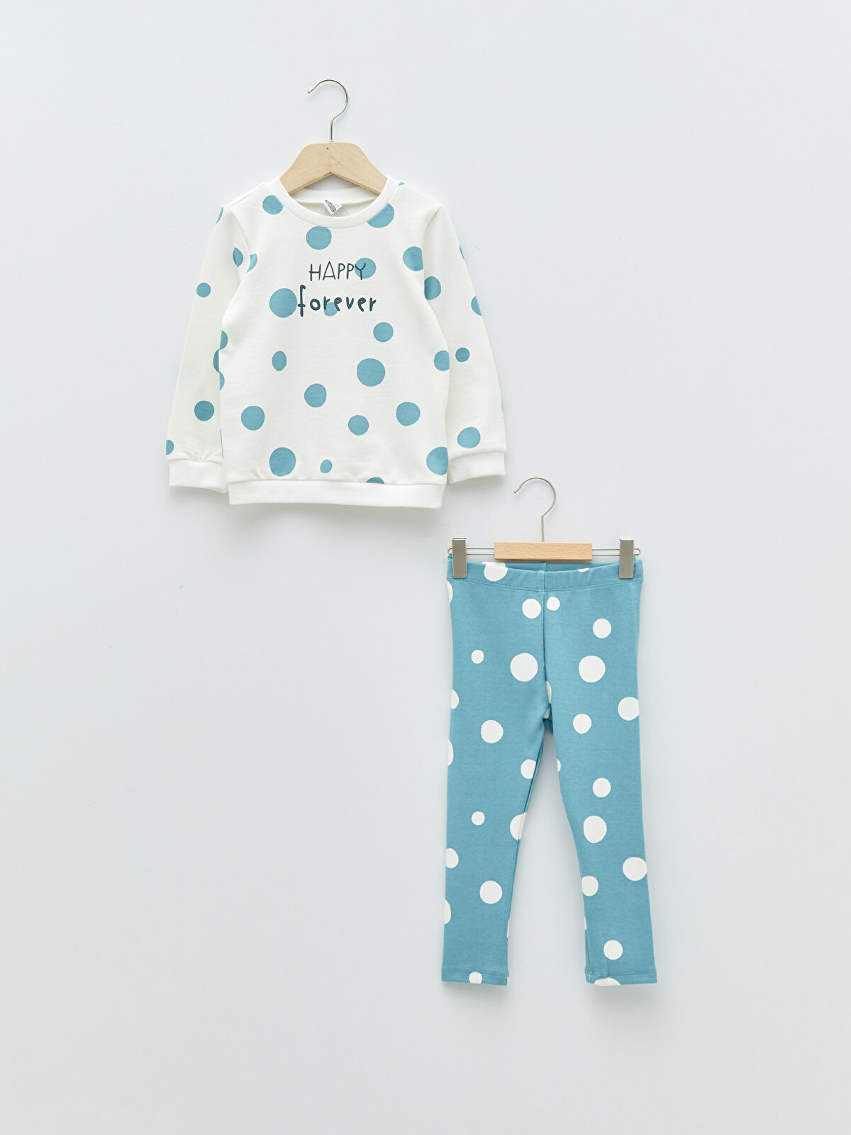 Bisiklet Yaka Uzun Kollu Puantiye Desenli Pamuklu Kız Bebek Sweatshirt ve Tayt 2'li Takım