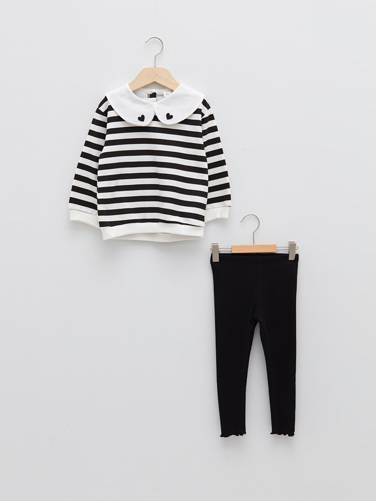 Bebe Yaka Uzun Kollu Çizgili Pamuklu Kız Bebek Sweatshirt ve Tayt 2'li Takım