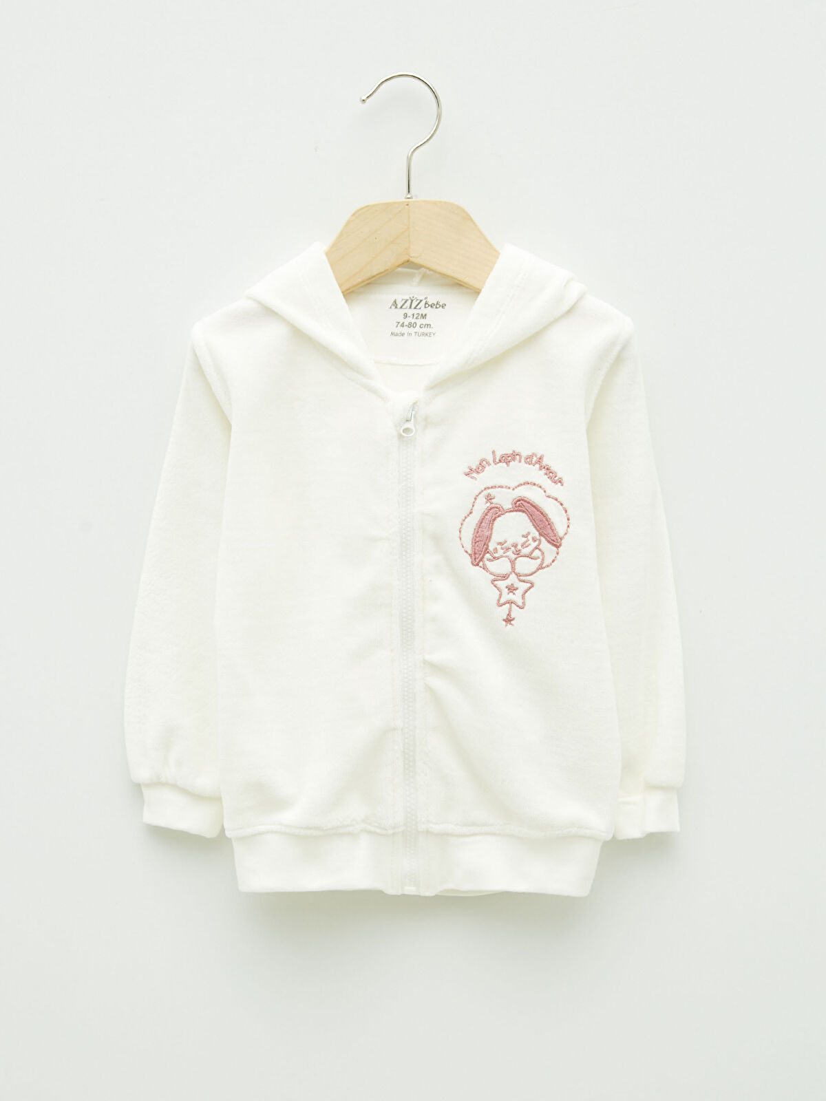 Aziz Bebe Kapüşonlu Uzun Kollu Nakış Detaylı Kadife Kız Bebek Fermuarlı Sweatshirt