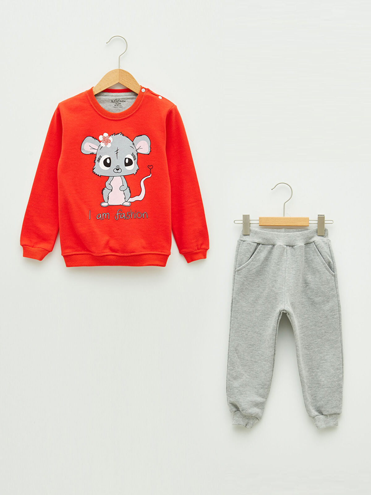 Aziz Bebe Bisiklet Yaka Uzun Kollu Baskılı Pamuklu Kız Bebek Sweatshirt ve Pantolon 2'li Takım