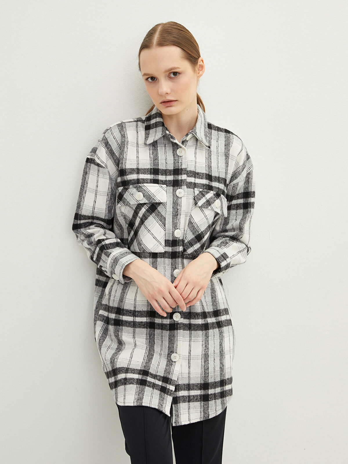 MODEST Gömlek Yaka Ekose Uzun Kollu Oversize Gabardin Kumaş Kadın Tunik