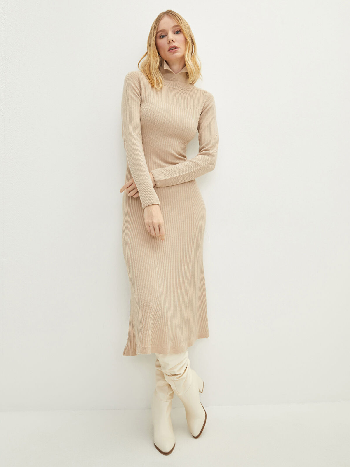 LCW CLASSIC Polo Yaka Düz Uzun Kollu Kadın Triko Elbise