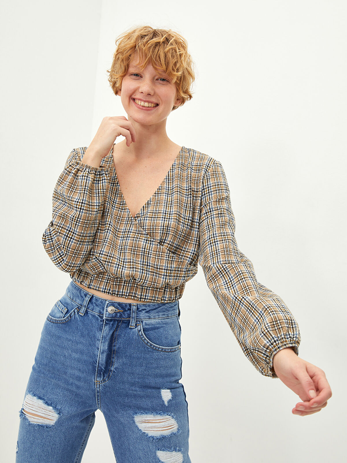 LCW CASUAL Kruvaze Yaka Ekose Uzun Kollu Kadın Bluz