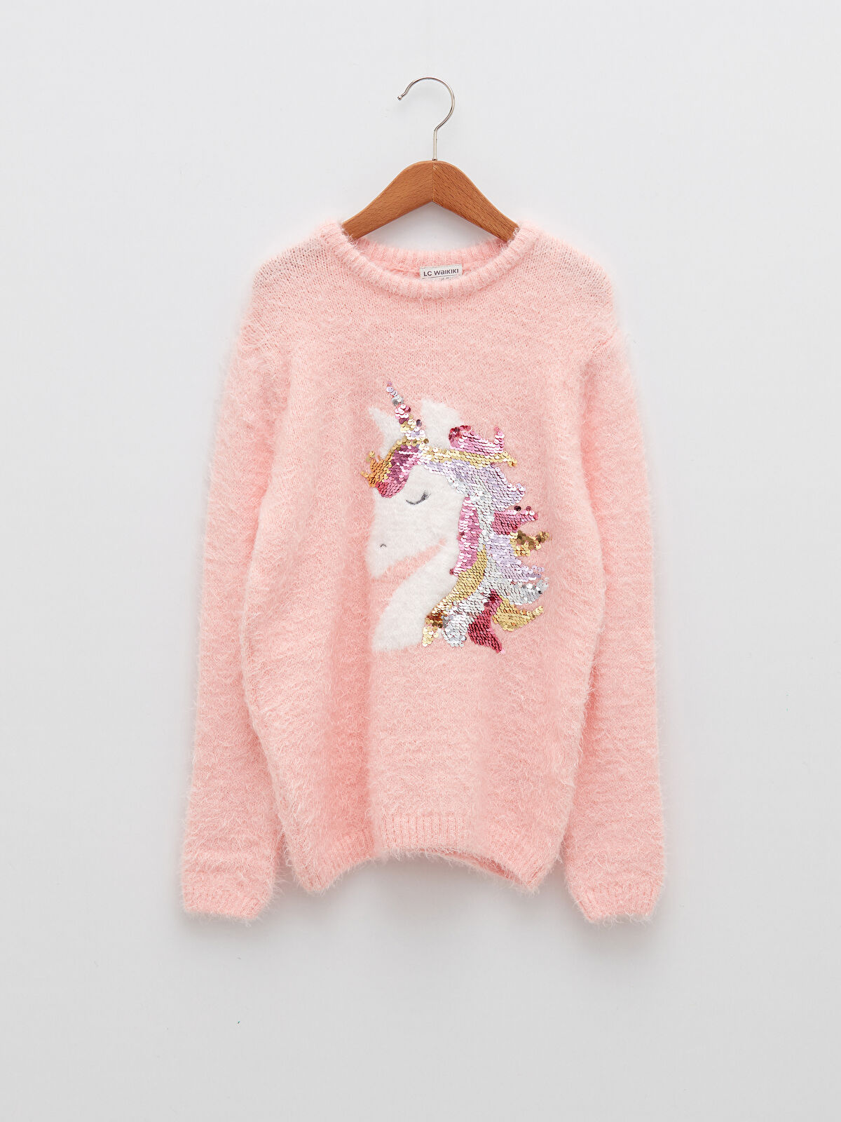 Bisiklet Yaka Nakışlı Çift Yönlü Payetli Uzun Kollu Kız Çocuk Triko Kazak