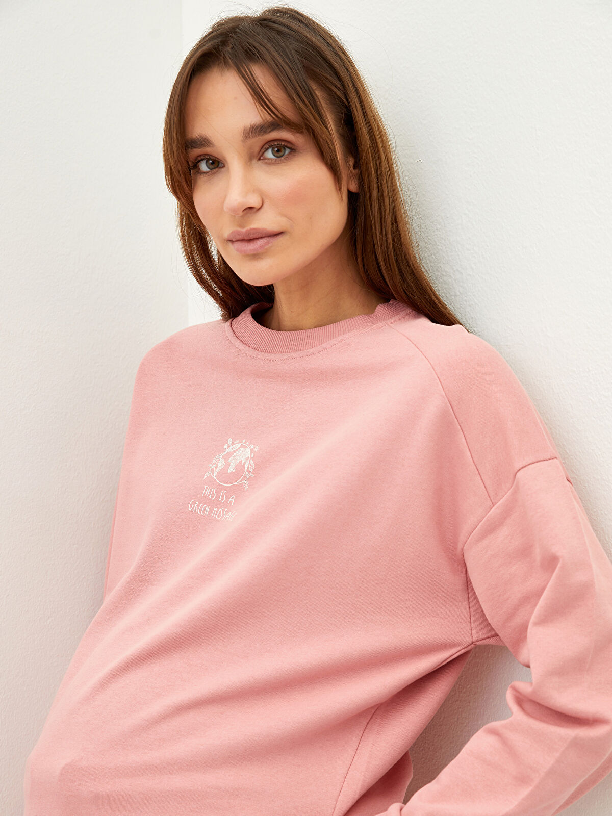 LCW GREEN Bisiklet Yaka Baskılı Uzun Kollu Hamile Sweatshirt