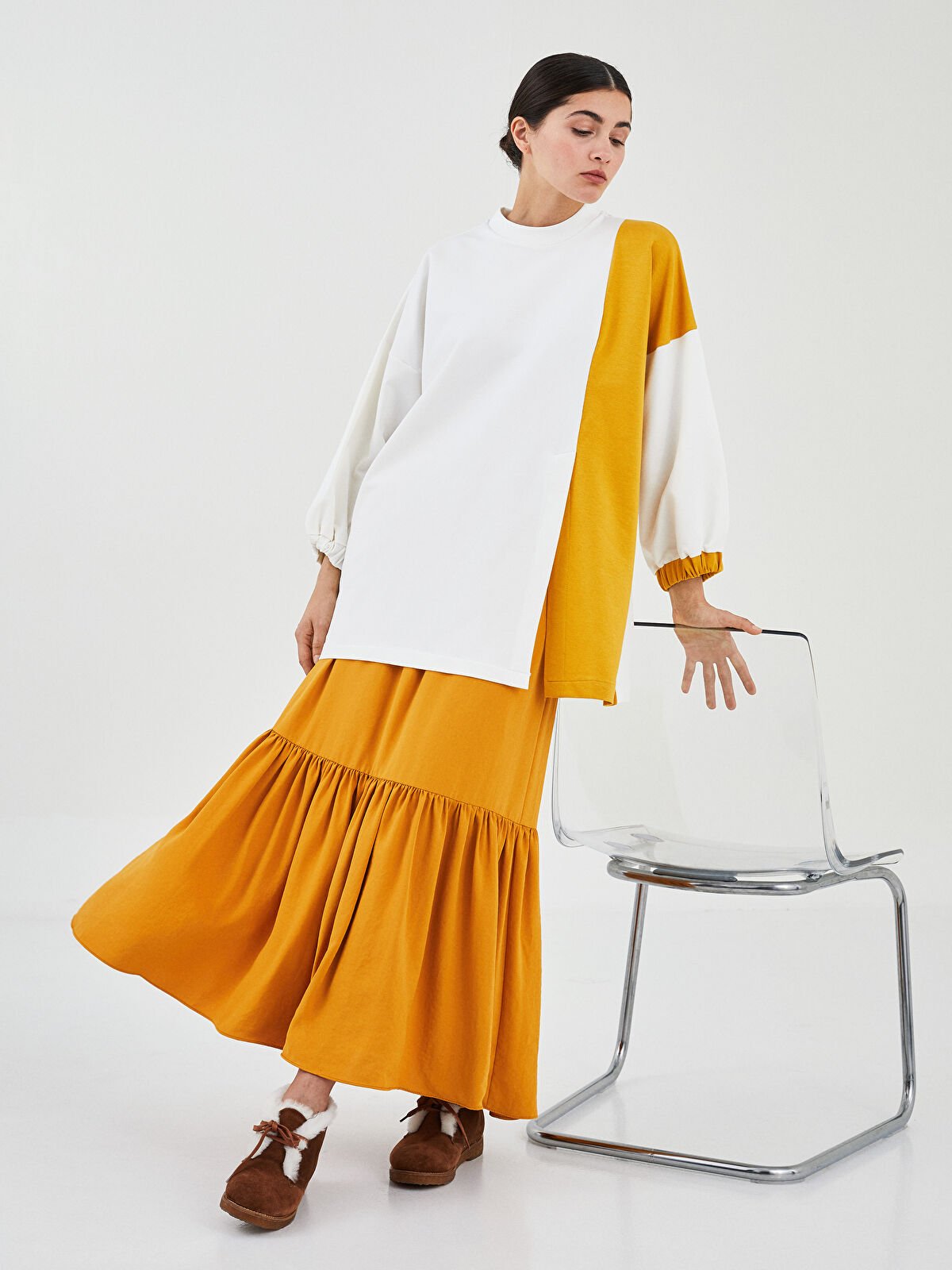 QOOQ UP Beli Lastikli Düz Fırfır Detaylı Kadın Büzgülü Etek