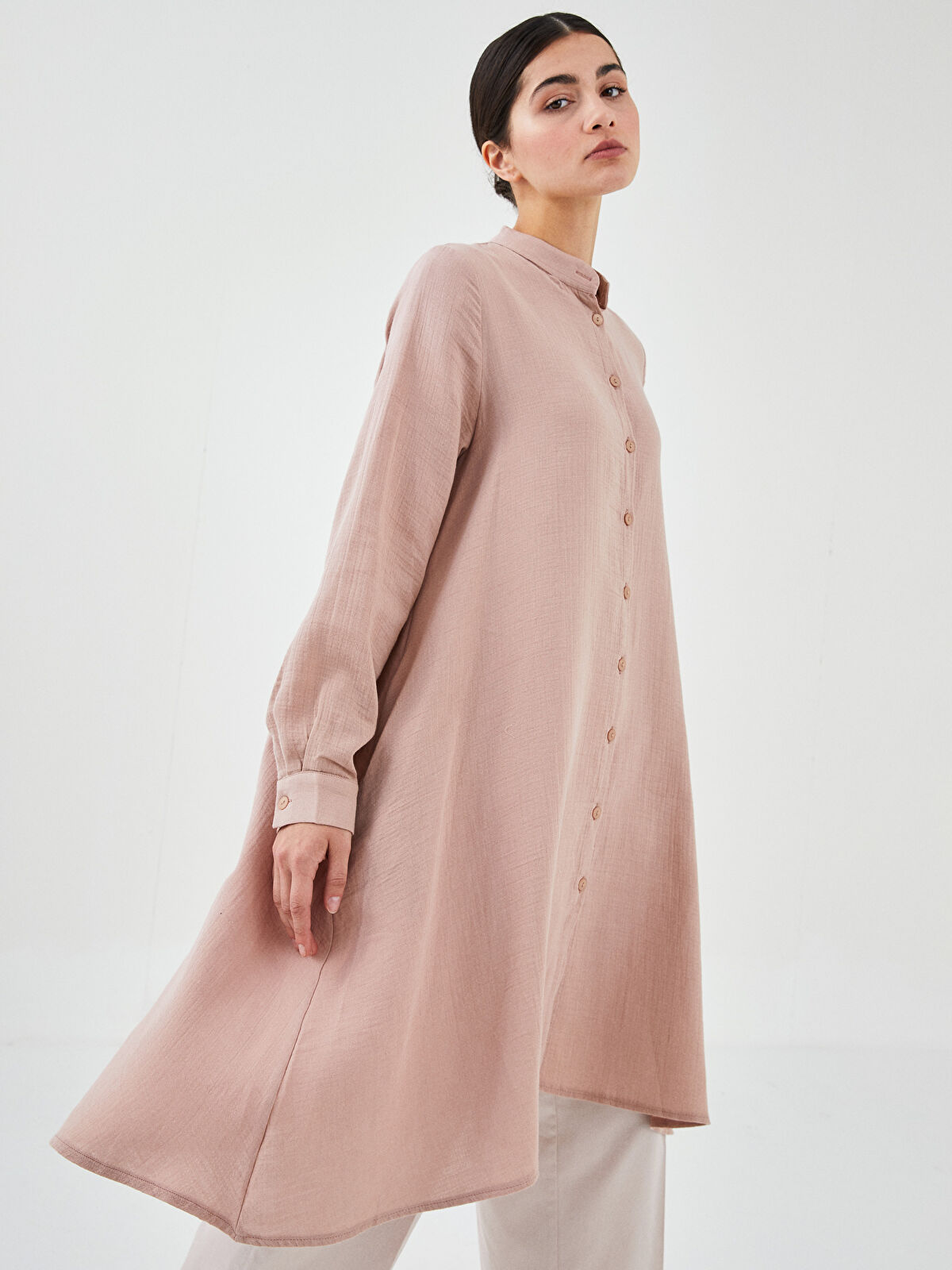 QOOQ STORE Hakim Yaka Düz Cep Detaylı Uzun Kollu Keten Kadın Gömlek