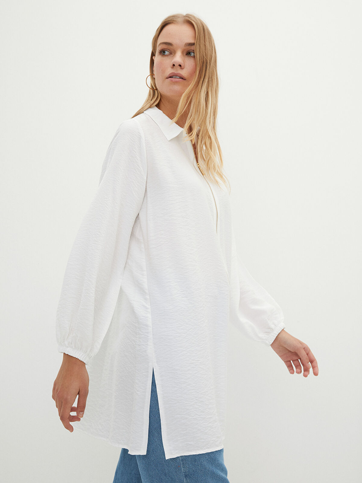 LCW CLASSIC Gömlek Yaka Düz Uzun Kollu Gabardin Kumaş Kadın Tunik