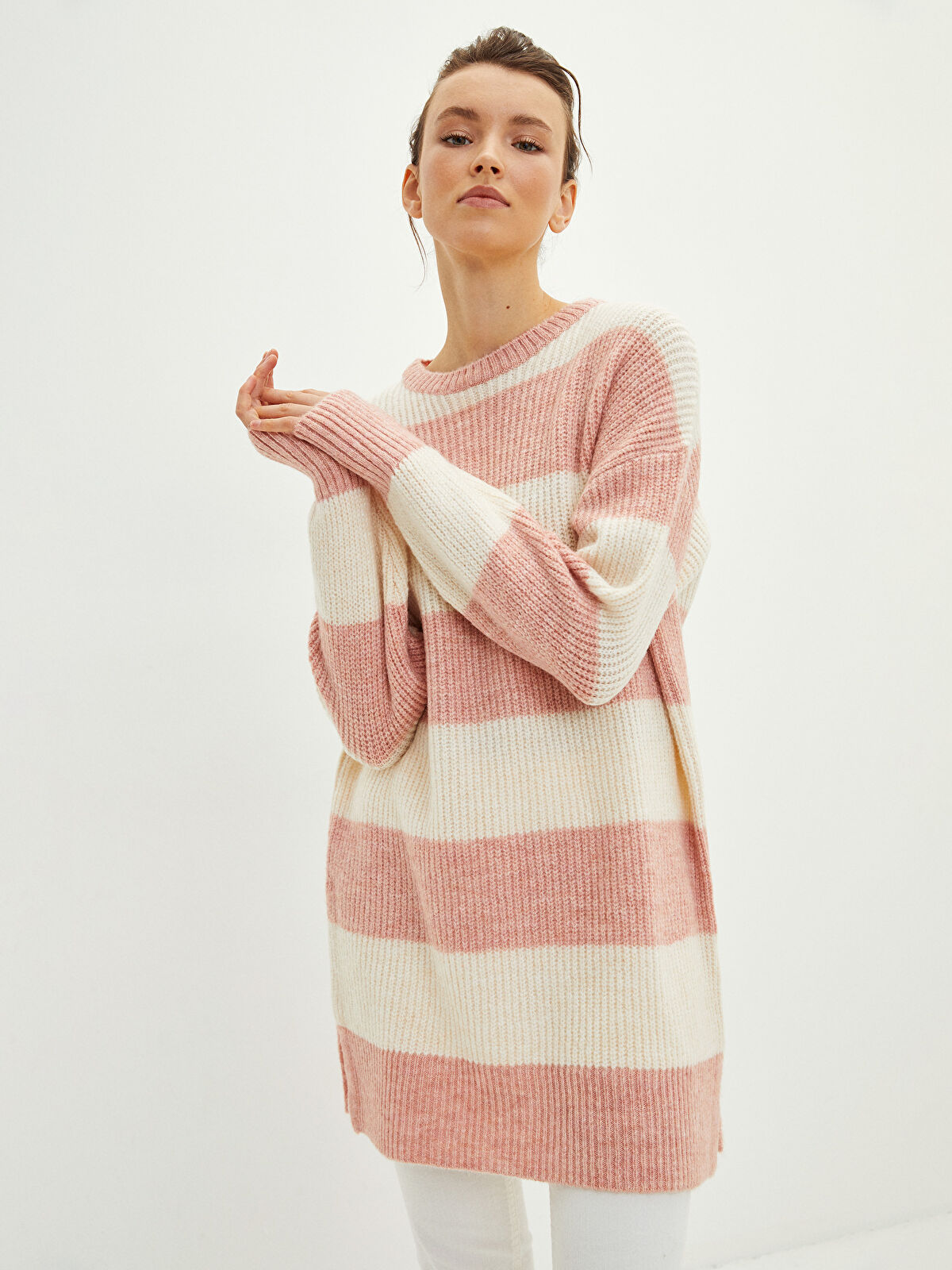 MODEST Bisiklet Yaka Renk Bloklu Uzun Kollu Kadın Triko Tunik