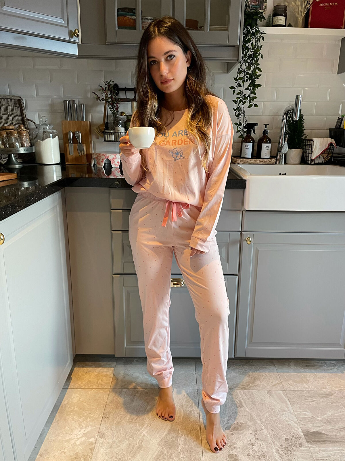 LCW DREAM Petite Kayık Yaka Baskılı Uzun Kollu Pamuklu Kadın Pijama Takımı