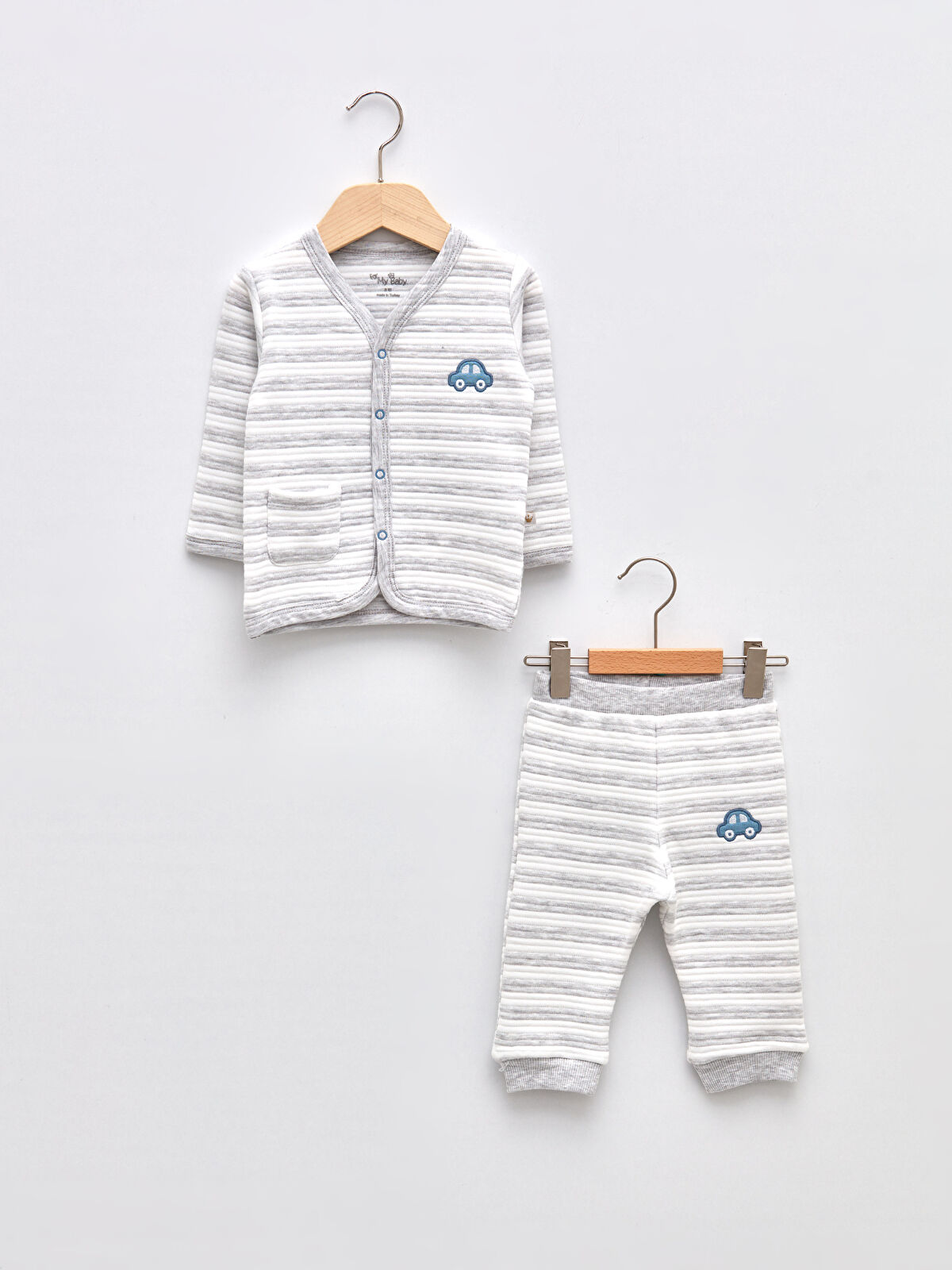 For My Baby V Yaka Uzun Kollu Erkek Bebek Hırka ve Pantolon 2'li Takım