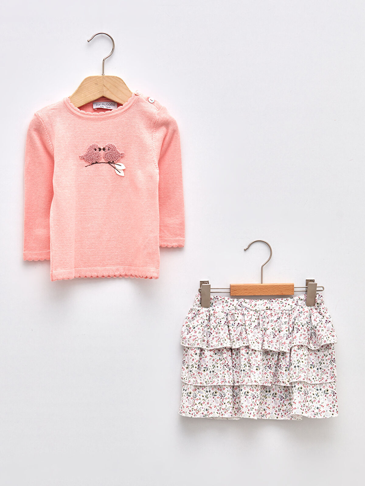 For My Baby Bisiklet Yaka Uzun Kollu Süzene Nakış ve Desenli Kız Bebek Tişört ve Etek 2'li Takım