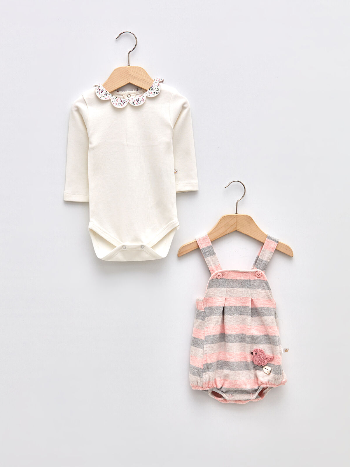 For My Baby Bisiklet Yaka Uzun Kollu Süzene Nakış ve Çizgili Kız Bebek 2'li Takım