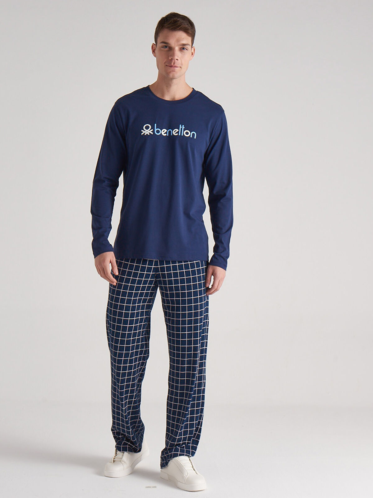 Benetton Bisiklet Yaka Baskılı Uzun Kollu Erkek Pijama Takım