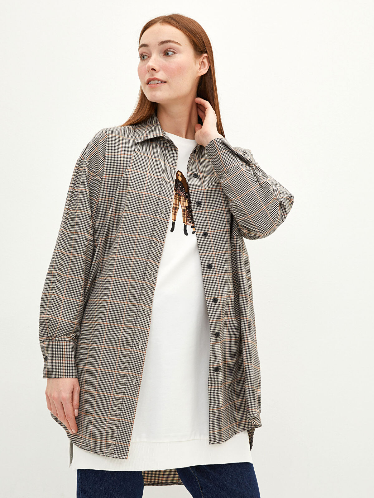 MODEST Gömlek Yaka Ekose Uzun Kollu Cep Detaylı Gabardin Kadın Tunik