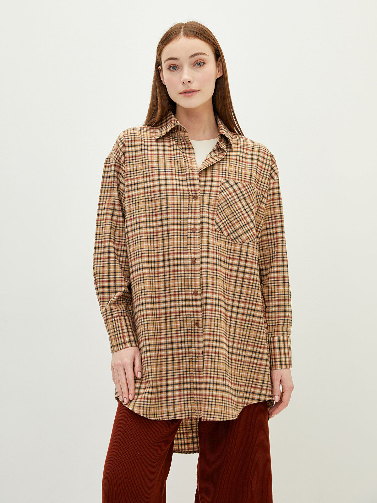 MODEST Gömlek Yaka Ekose Uzun Kollu Cep Detaylı Gabardin Kadın Tunik