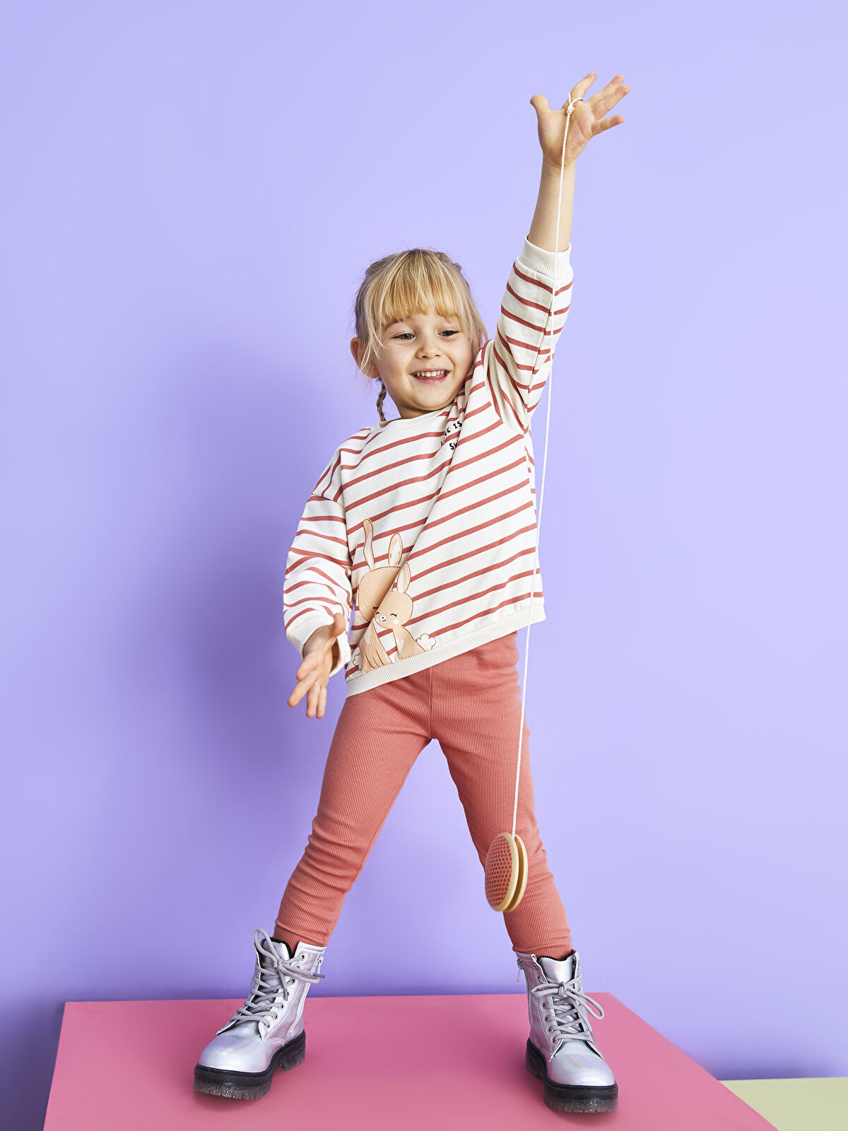 Bisiklet Yaka Uzun Kollu Çizgili Pamuklu Kız Bebek Sweatshirt ve Tayt 2'li