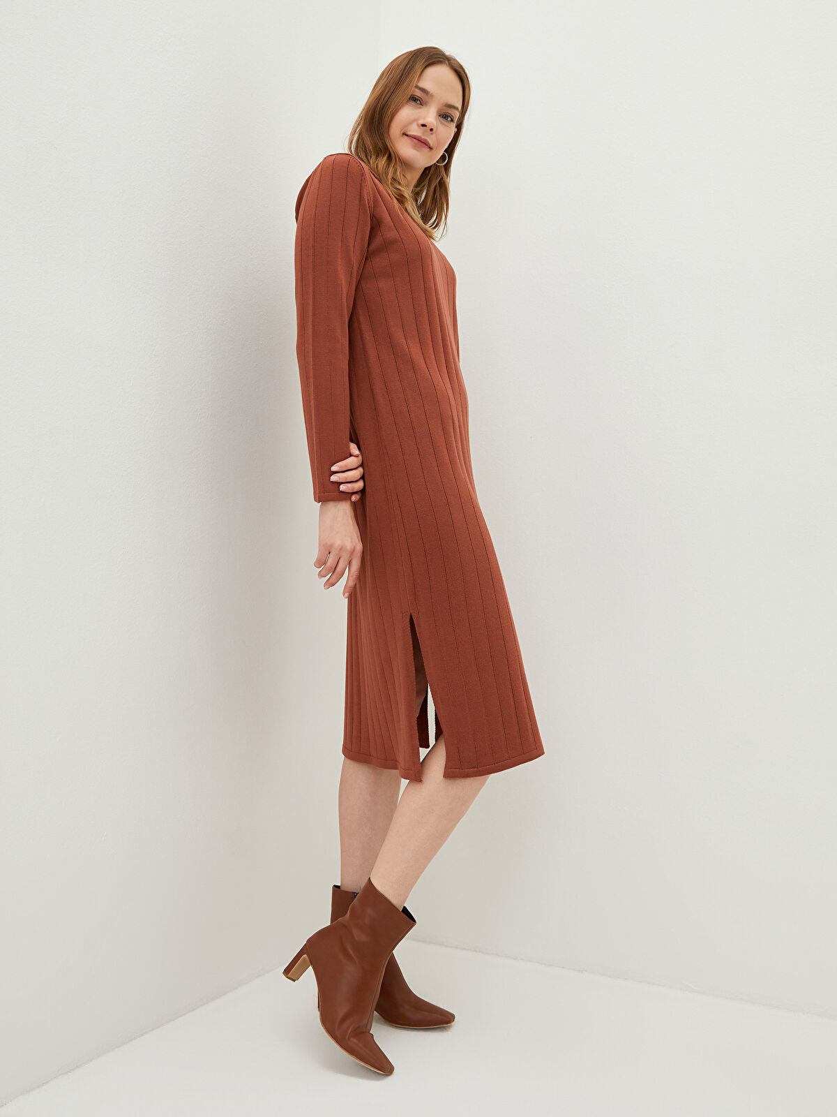 LCW CLASSIC Polo Yaka Düz Uzun Kollu Kadın Triko Elbise