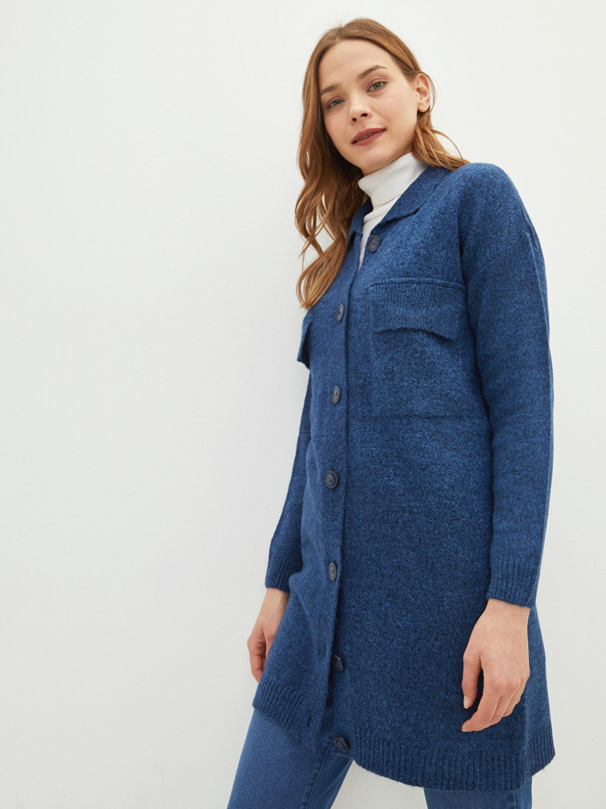 LCW CLASSIC Polo Yaka Düz Uzun Kollu Kadın Triko Hırka