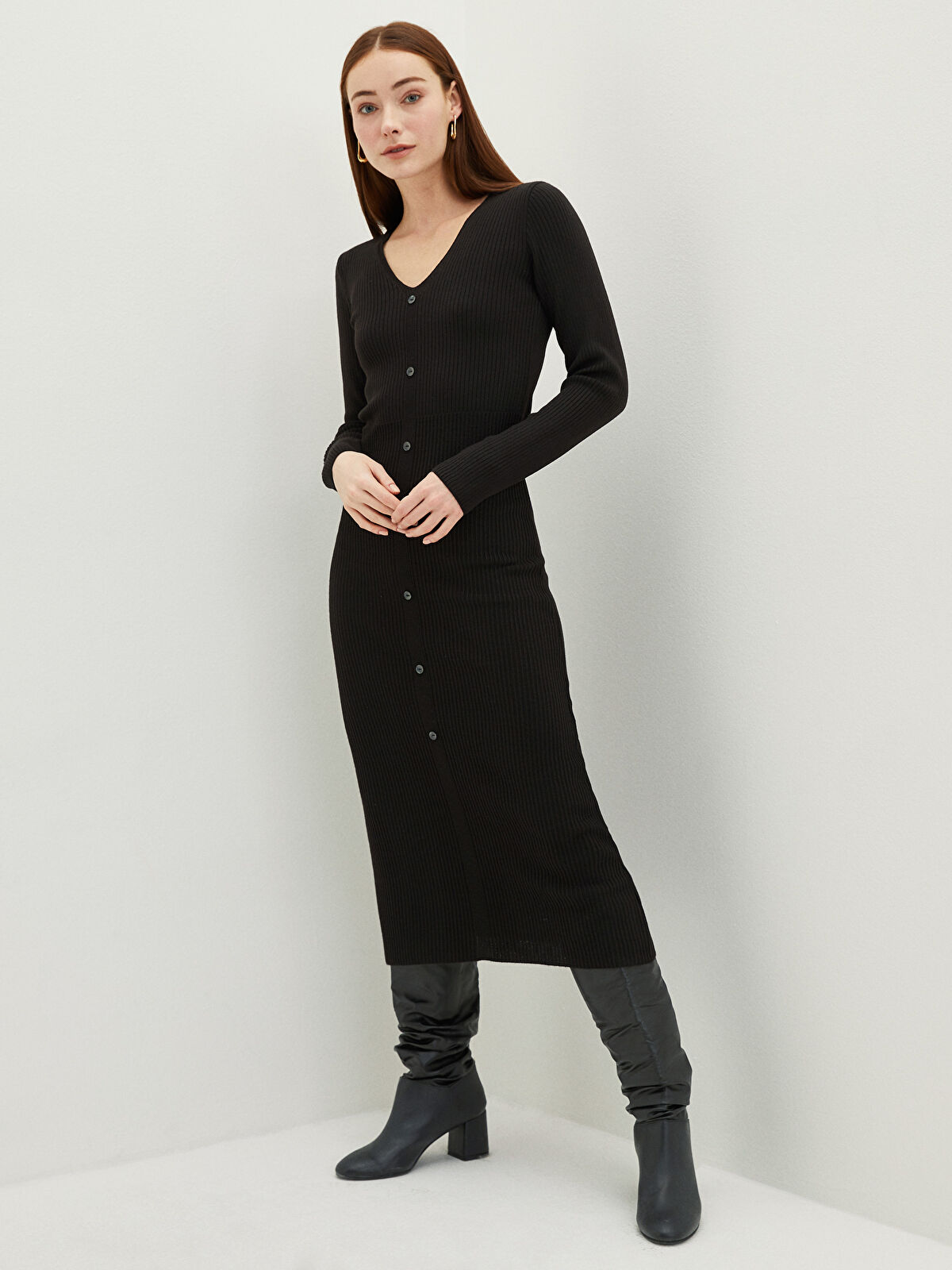 LCW CLASSIC V Yaka Düz Uzun Kollu Kadın Triko Elbise