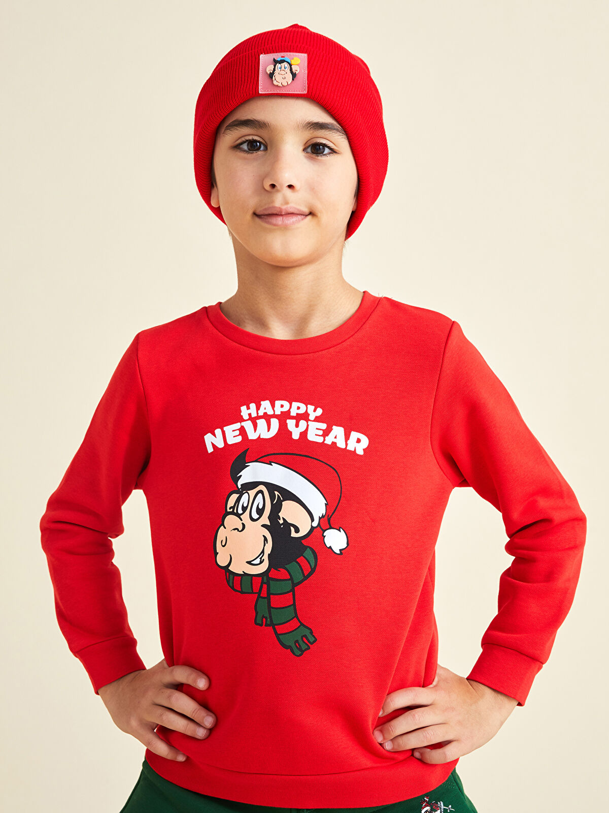 Nostaljik Maymun Baskılı Erkek Çocuk Triko Bere