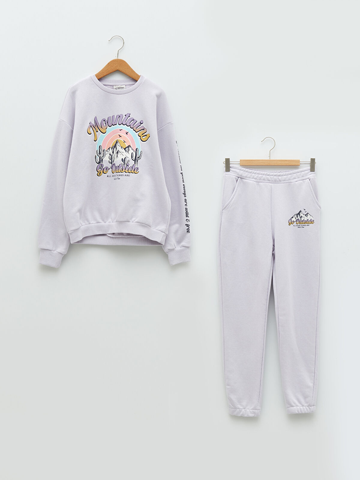 Bisiklet Yaka Baskılı Uzun Kollu Oversize Kız Çocuk Sweatshirt ve Eşofman Altı