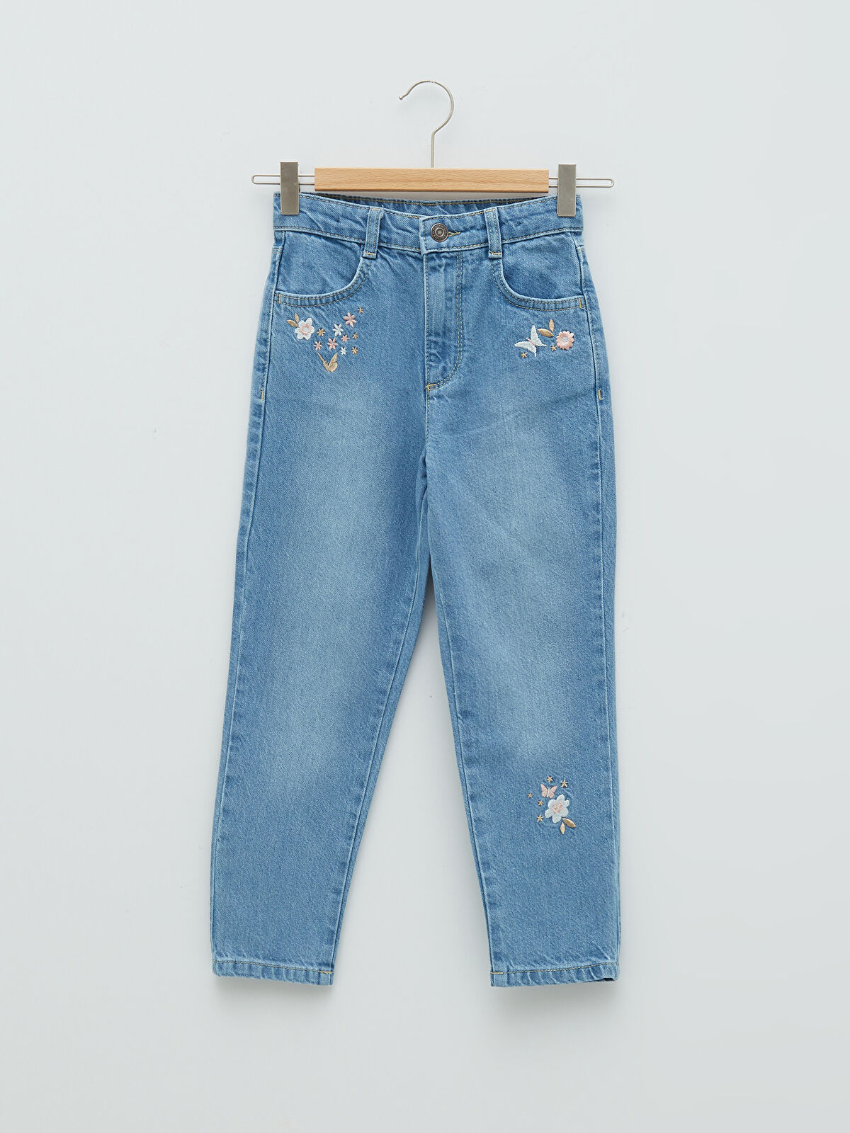 Nakışlı Pamuklu Kız Çocuk Mom Jean Pantolon