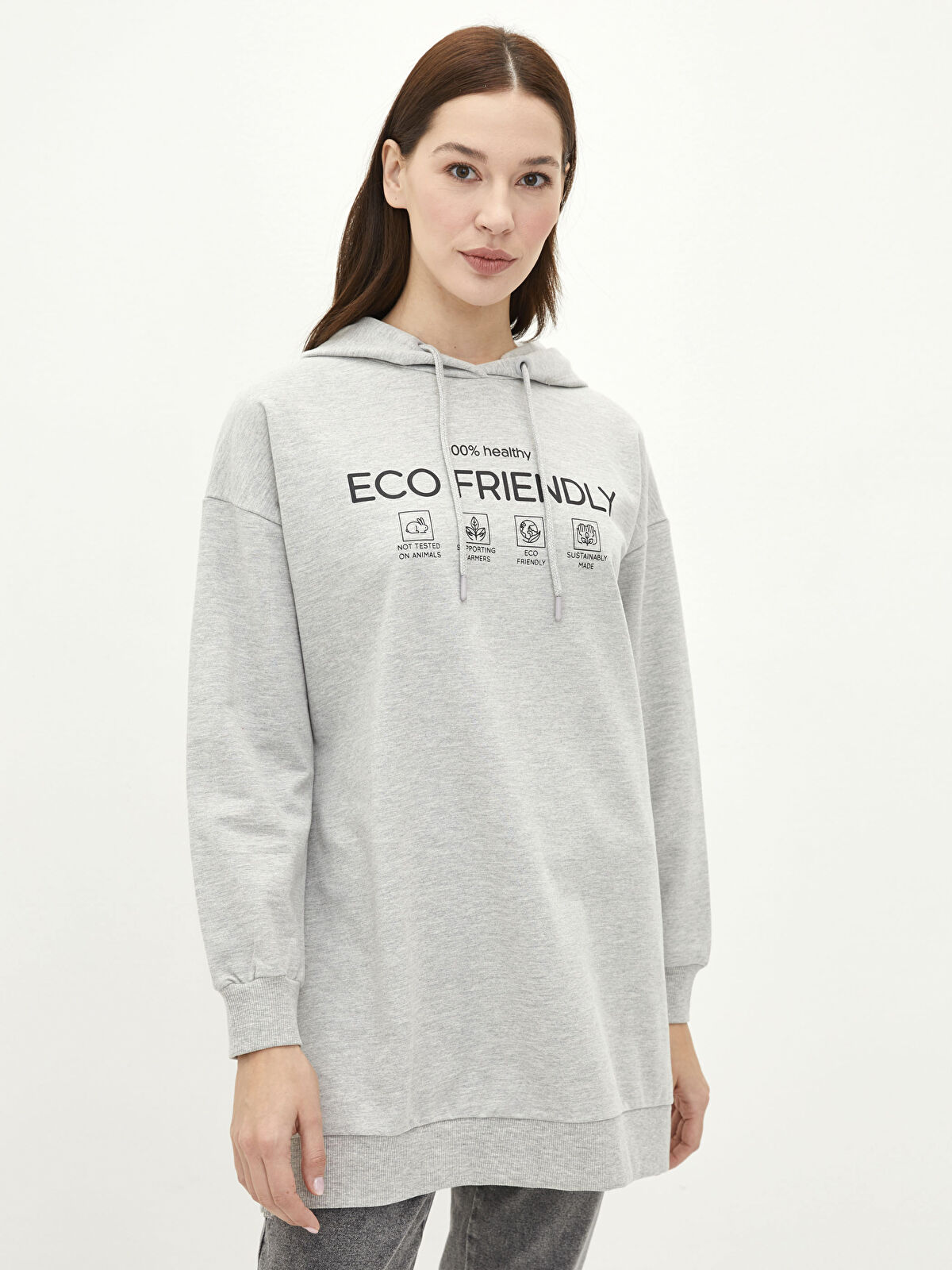 LCW GREEN Kapüşonlu Baskılı Uzun Kollu Oversize Kadın Tunik